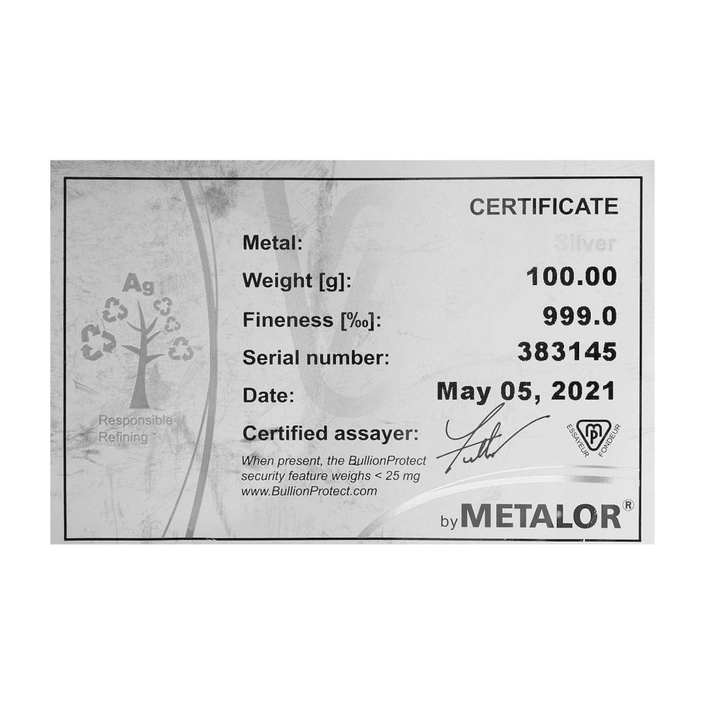 Metalor 100g Cast Silver Bullion Bar - RPS Bullion